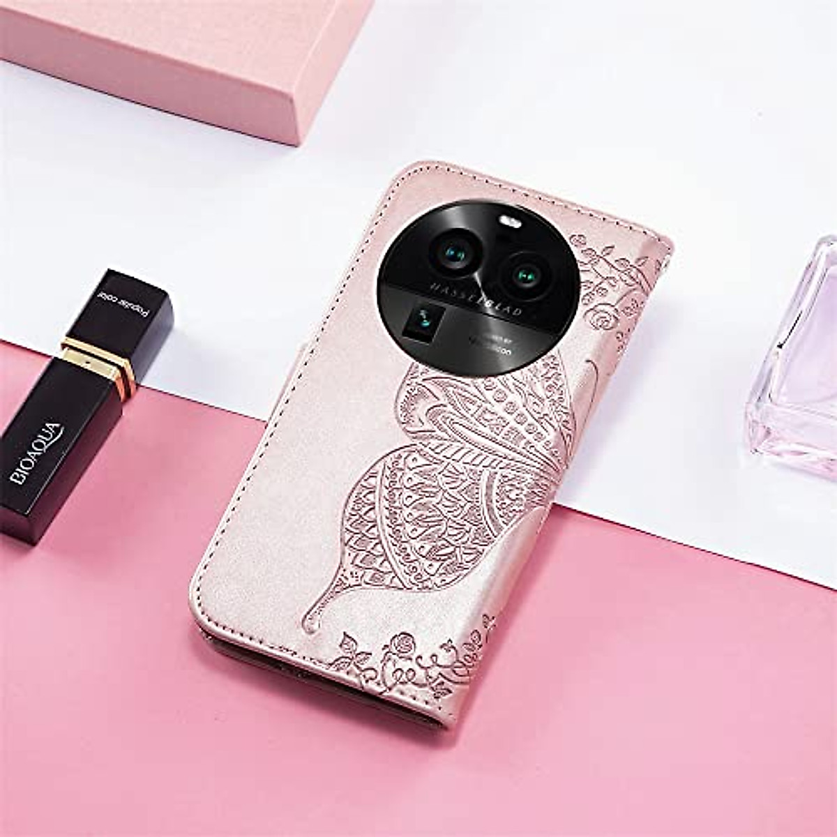 CCSmall for Oppo Find X6 Pro Wallet Case for Women Girls, Shiny Butterfly Flower PU Leather Cover with Card Slot Holder Flip Phone Case for Oppo Find X6 Pro Rhinestone Rose Gold