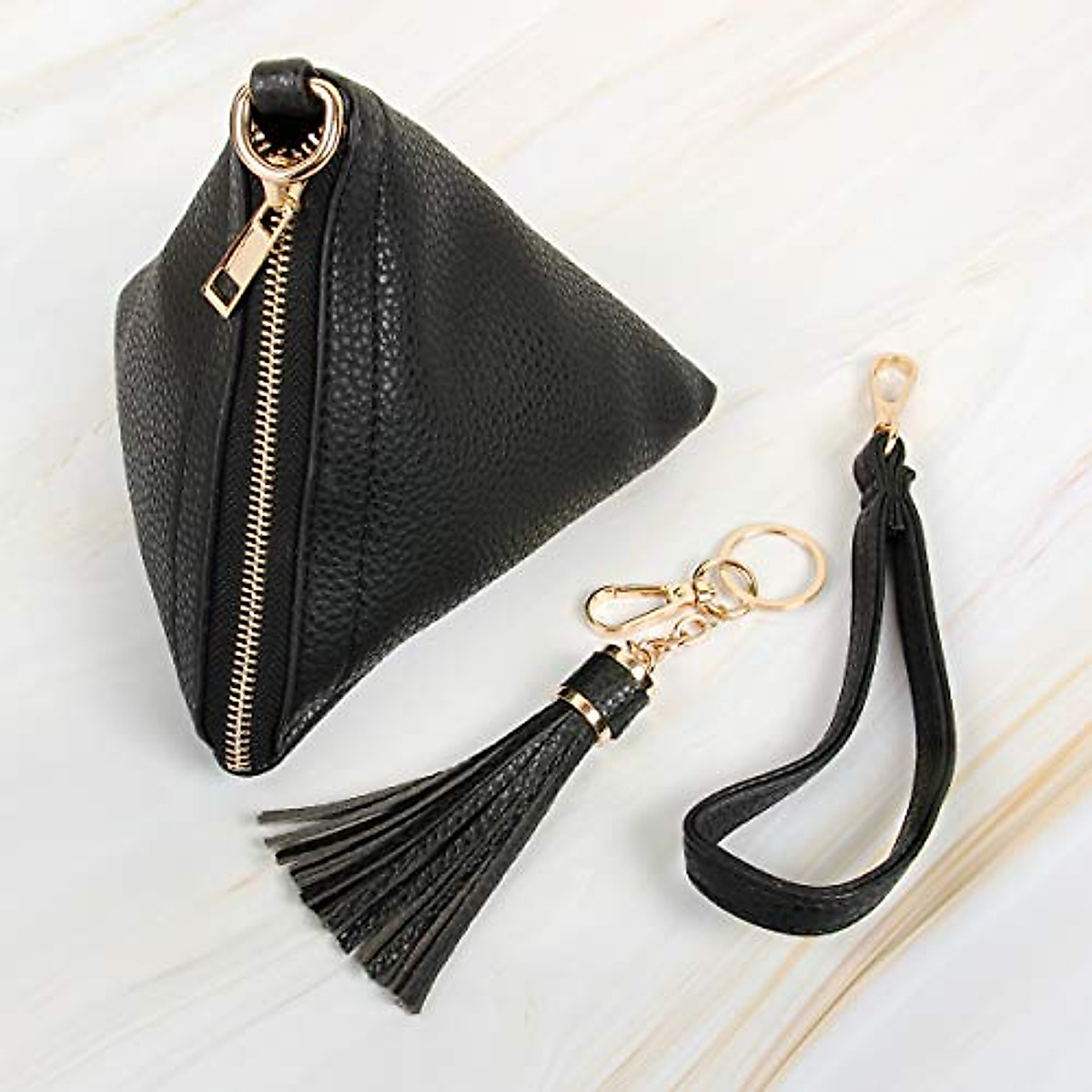 Triangle Vegan Leather Wristlet Clutch Purse Handbag - Pyramid Evening Cocktail Pouch Wallet Detachable Strap & Tassel Charm (Black) One Size