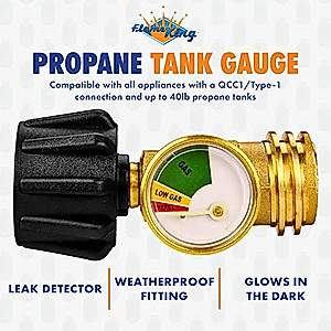 Flame King YSN-301 30 Pound Steel Propane Tank Cylinder, White & Propane Tank Gauge Level Indicator Leak Detector Gas Pressure Meter Color Coded & Glow in the Dark Universal for Cylinder