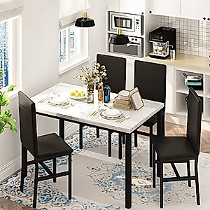 Hooseng Dining Table Set for 4- Space Saving Kitchen Table and Chairs for 4, Modern Style Faux Marble Tabletop & 4 PU Leather Chairs, Perfect for Dining Room,Breakfast Corner Small Spaces,Brown&White