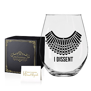 Perfectinsoy RBG I Dissent Wine Glass with Gift Box, Funny & Humorous Feminist Gifts for RBG Fan, Women, Sisters, Mothers, Boss, Colleagues, Unique Patriotic Glassware Celebrating Women’s Rights