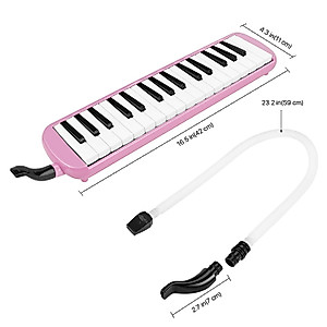 Flexzion Melodica 32 Key (Pink) Pianica Blow Piano Keyboard Harmonica Wind Instrument/w Portable Carrying Bag, 2 Long Tube Mouthpiece, 2 Trumpet Mouthpiece Kit