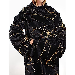 BSNTHO Black Wearable Blanket with Sleeves and Pocket for Women Men Adults，Soft Comfy Throws Blanket with Arm(Black，Pocket)