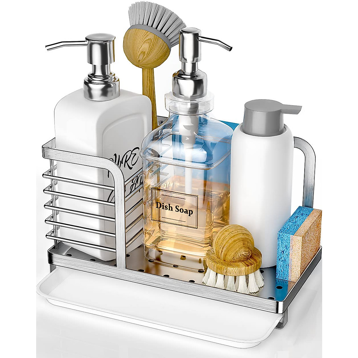 SUNESY Kitchen Sink Caddy for Holding Soap Dispensers & Sponge, Multifunctional Kitchen Sponge Holder with Removable Tray, Rustproof 304 Stainless Steel Kitchen Sink Organizer with Great Storage