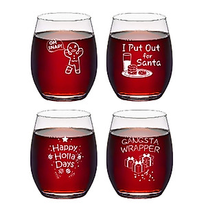 Set of 4 Christmas Puns Stemless Wine Glasses Set, Christmas Themed Gift Idea for Women Men Friend Party White Elephant Gift Exchange Dirty Santa, 15Oz Funny Wine Gift