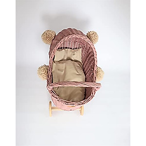 CACKOO Handmade Wicker Pram For Dolls With Cotton Bedding Sheets And Handmade Pom-Poms Ideal As Birthday Gift Natural Pink