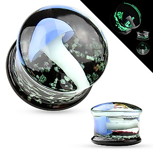 Pierced Owl Floating Glowing Mushroom Encased Pyrex Glass Saddle Plugs, Sold as a Pair (8mm (0GA))