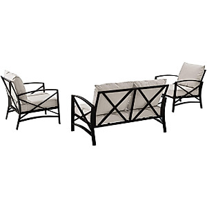 Crosley Furniture Kaplan 3-Piece Outdoor Loveseat Patio Furniture Set, Conversation Sets for Porch, Deck, Oiled Bronze with Oatmeal Cushions