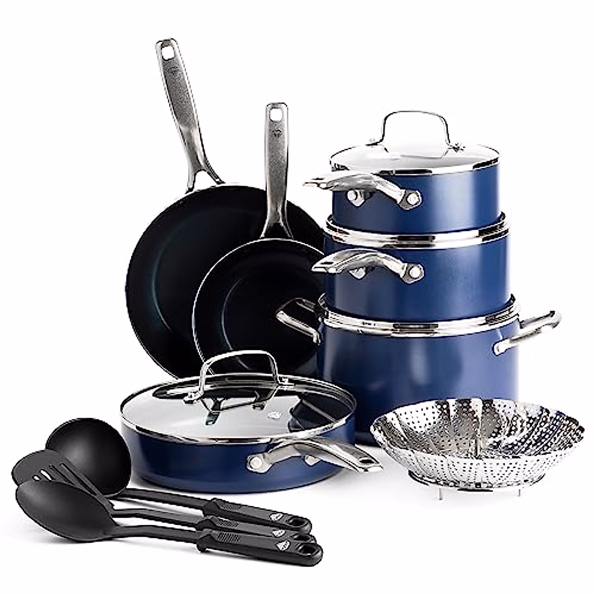 Blue Diamond Cookware Diamond Infused Ceramic Nonstick, 14 Piece Cookware Pots and Pans Set, PFAS-Free, Dishwasher Safe, Oven Safe