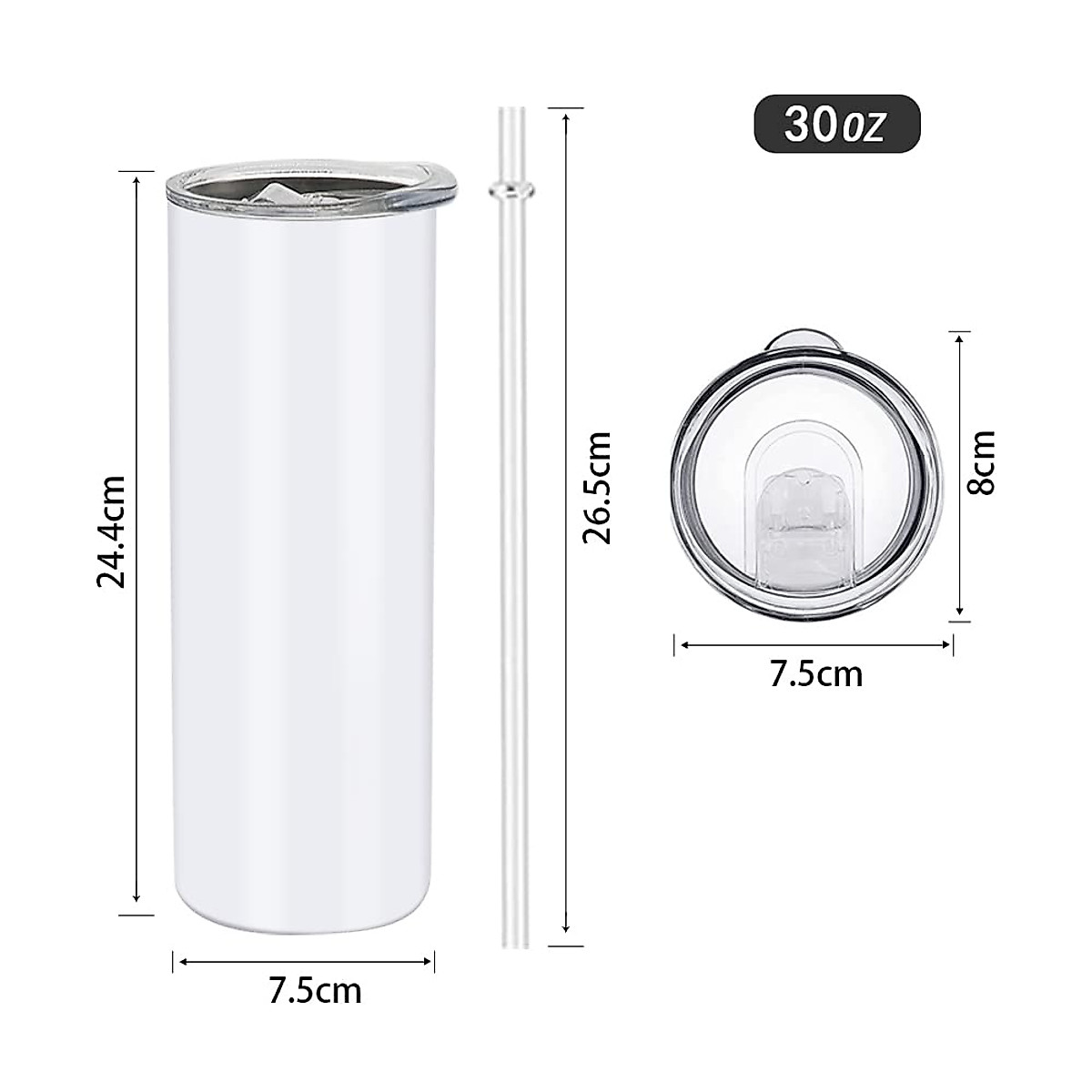 ZREGGUR 25 packs Metal mugs 30 oz sublimation Blanks tumblers skinny straight Double Wall coffee cups stainless steel travel Vacuum Insulated tumbler with lids and straws, White