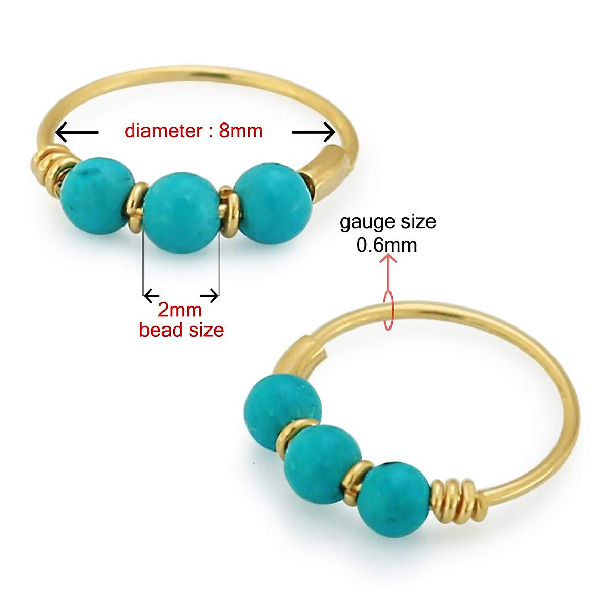 PiercingPoint 9KT Solid Yellow Gold Triple Turquoise Beads 22 Gauge (0.6MM) - 5/16 (8MM) Length Hoop Nose Ring