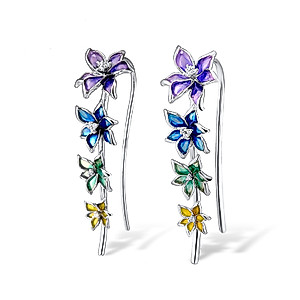 Santuzza Enamel Colorful Flower Ear Cuffs Climber Earrings 925 Sterling Silver Orchid Ear Crawler Earrings for Women