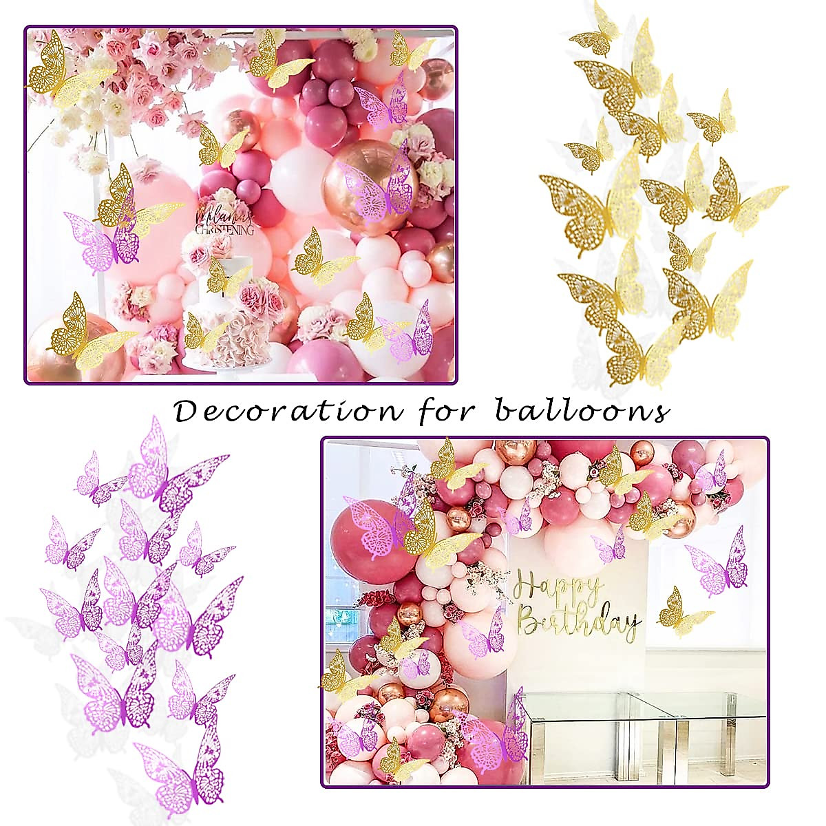 3D Purple Gold Butterfly Wall Stickers, 24 PCS 3 Sizes Butterfly Wall Decals, Removable Metallic Gold Wall Sticker Room Mural for Paper Art Party Cupcake Kids Bedroom Classroom Wedding Balloon Decors