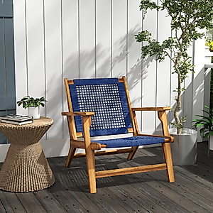Outsunny Patio Acacia Wood Adirondack Chair, Modern Wood Fire Pit Chair with PP Rope Weave, Coconino Lounge Chair with High Backrest Support, Dark Blue
