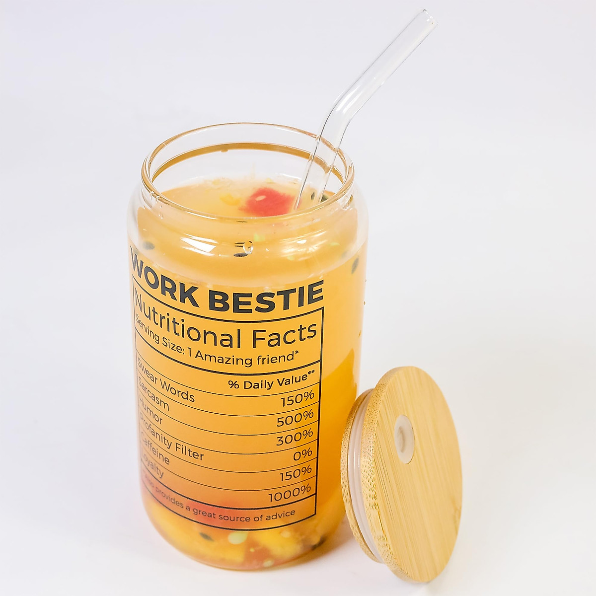 Work Bestie Nutritional Facts Glass Can with Lids And Straw- Work Bestie Definition Friendship, Funny Gift for Friend, Colleagues, Thank You Gift For Coworkers, Birthday Christmas Gifts, Iced Cup 16oz