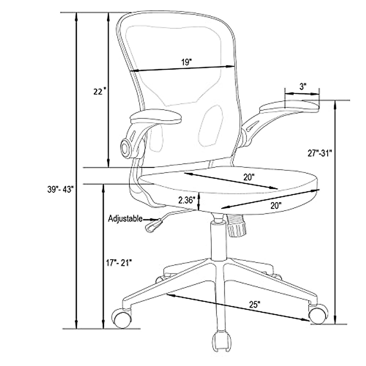 LeisureMod Newton Modern Adjustable Height Mesh Office Swivel Desk Chair with Flip Up Armrest, Black