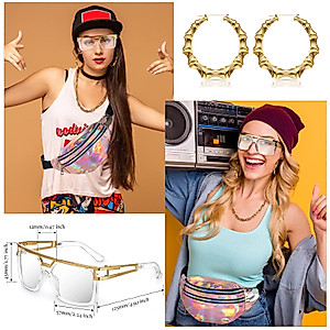 Epakh Hip Hop Woman Costume Kit Including Fanny Packs Transparent Sunglasses Faux Gold Rope Chain and Round Hoop Earrings (Rose Gold)