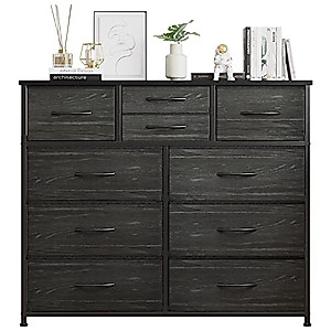 LUMTOK 10-Drawer Dresser, Fabric Dressers Drawers for Bedroom, Hallway, Nursery, Closets, Steel Frame, Wood Top, Easy Pull Handle (Black Wood Veins)