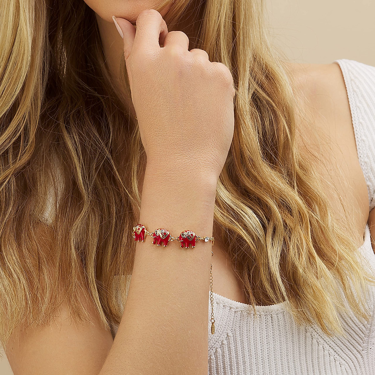 Barzel 18k Gold Plated Red Enamel Elephant Bracelet (Red)