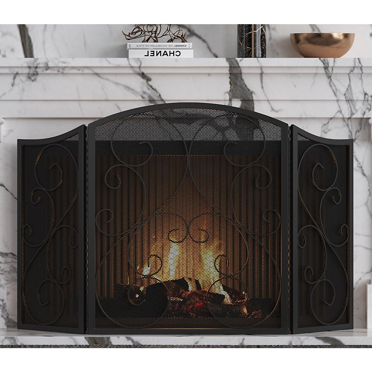 Fire Beauty Fireplace Screen 3 Panel Wrought Iron Metal 48"(L) x30(H) Spark Guard Cover(Sanded Black)