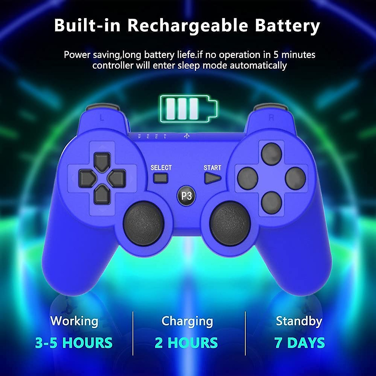 Rzzhgzq 2 Pack PS3 Wireless Controller Playstation 3 Controller Wireless Bluetooth Gamepad with USB Charger Cable for PS3 Console (Black+Blue)