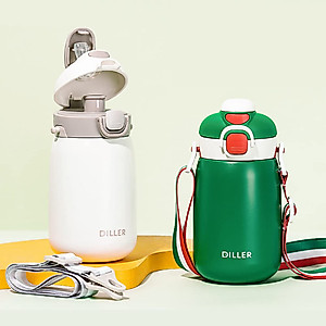 Qengyeen Insulated Water Bottles Stainless Steel Metal Kids Thermos Water Bottle with Straw and Strap for Girls Boys for School Gifts,24ounce, white