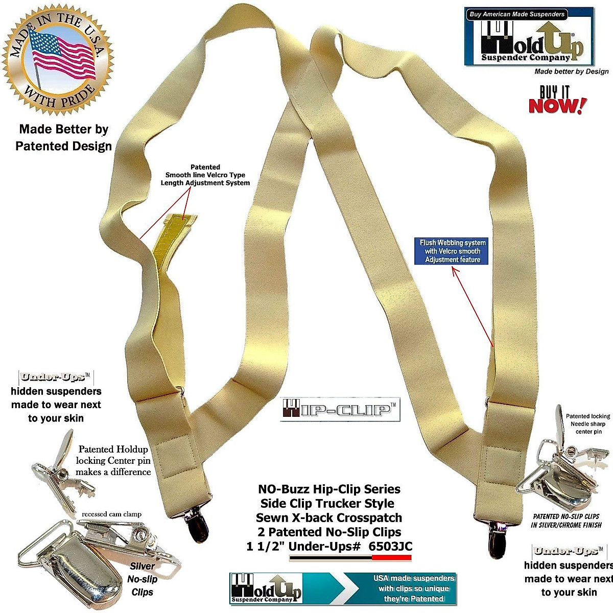 Holdup Hip-Clip Style Under-Ups Tan 1 1/2" Suspenders for Men with the USA Patented Metal "No-Slip" Clip