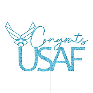 MFULHUBA Congrats USAF Cake Topper, Air Force/Army/Military Theme Retirement/Graduation Party Decoration, Airmen/Soldier Veteran's Day Cake Decors, Blue Glitter