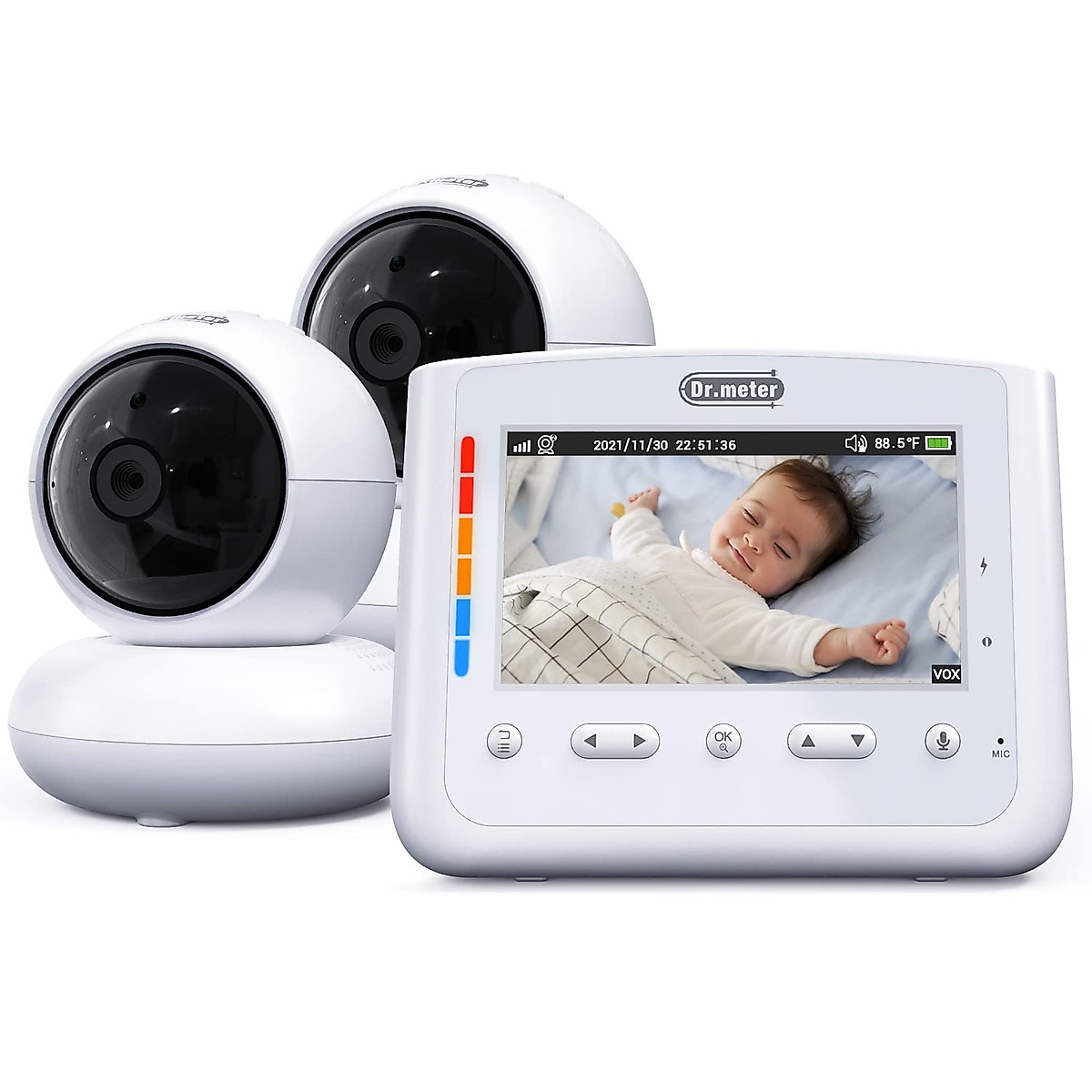 Dr.meter Baby Monitor with 2 Cameras: 4.3'' LCD Screen Audio and Video Baby Monitor with 2X or 4X Zoom, Night Light, 2-Way Talk, Remote Pan-Tilt-Zoom, VOX Mode Infrared Night Vision - No WiFi