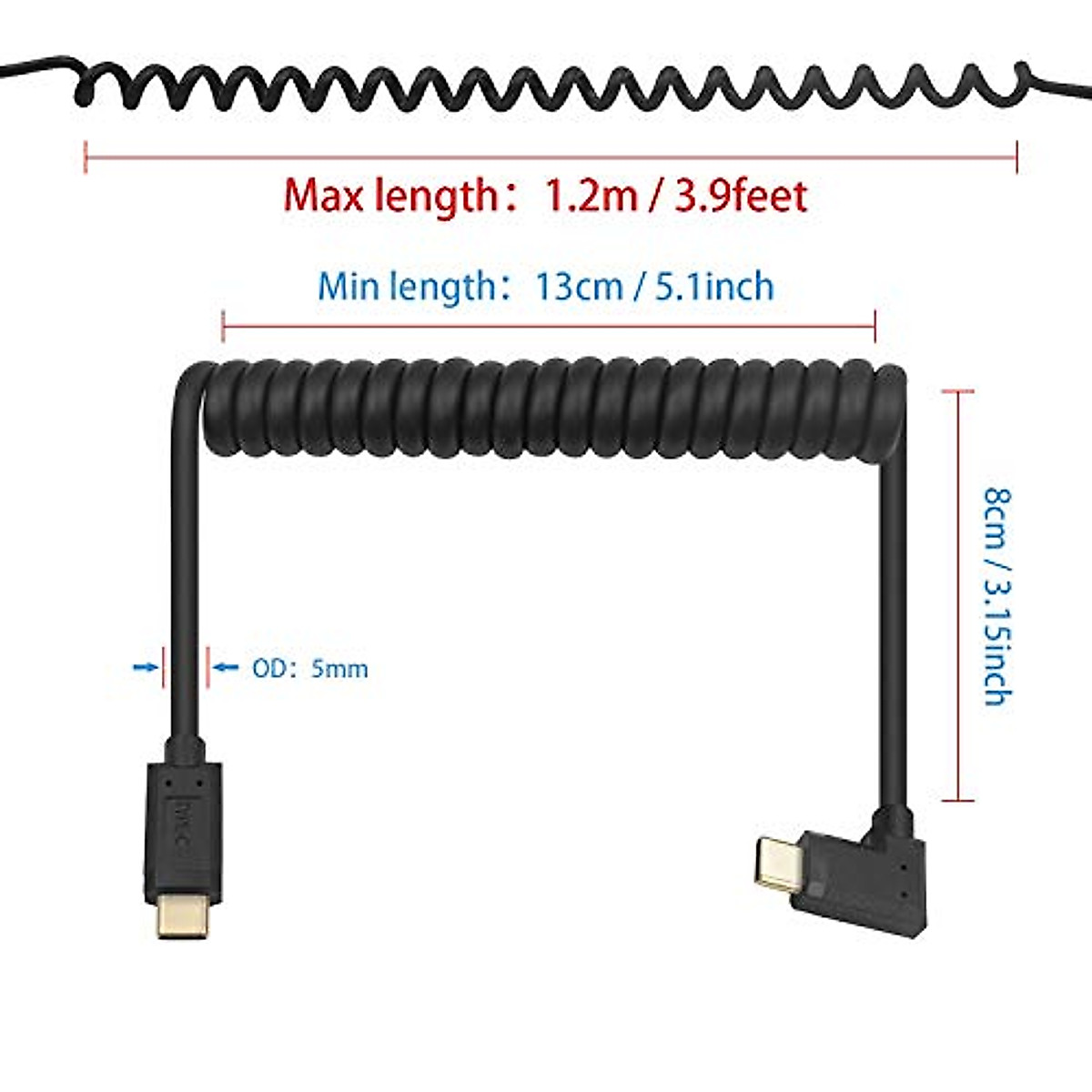 Poyiccot Coiled USB C to USB C Cable, Coiled USB Type C Cable 3A Fast Charging, Right Angle USB C Coiled Spring Spiral 90 Degree USB Type C Spiral Cable for MacBook, Smartphone, Stretched 4feet/1.2m