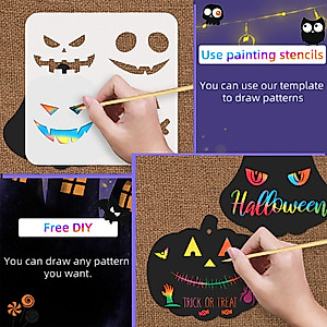 72Pcs Halloween Scratch Paper, Scratch Art Paper Crafts Halloween Magic Rainbow Scratch Paper with 24 Wooden Sticks and 72 Colorful Ribbons, Halloween Art Cards Perfect for Kids Church DIY(Pumpkin)