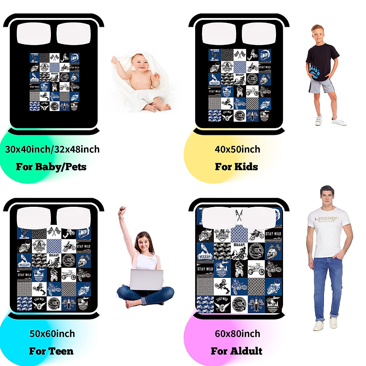 Motorcycle Blanket Throw, Motocross Rider Blanket for Boys Teens, Soft Cozy Plush Flannel Fleece Throw Blanket for Motorbike Lovers Gift, Fluffy Fuzzy Dirt Bike Blankets for Sofa Couch Bed, 50"x60"