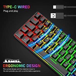 60% True Mechanical Gaming Keyboard Ultra-compact with 20 Rainbow Backlit Type C Wired Programmable 62 Keys Linear Red Switch Waterproof Non-Conflict and Gaming Mouse Pad  for PC/Laptop/PS5（Black)