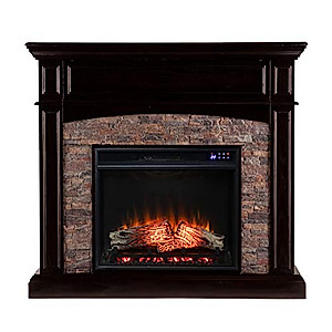 SEI Furniture Grantham Faux Stone Corner Electric Fireplace with Hidden Media Shelf, New Ebony