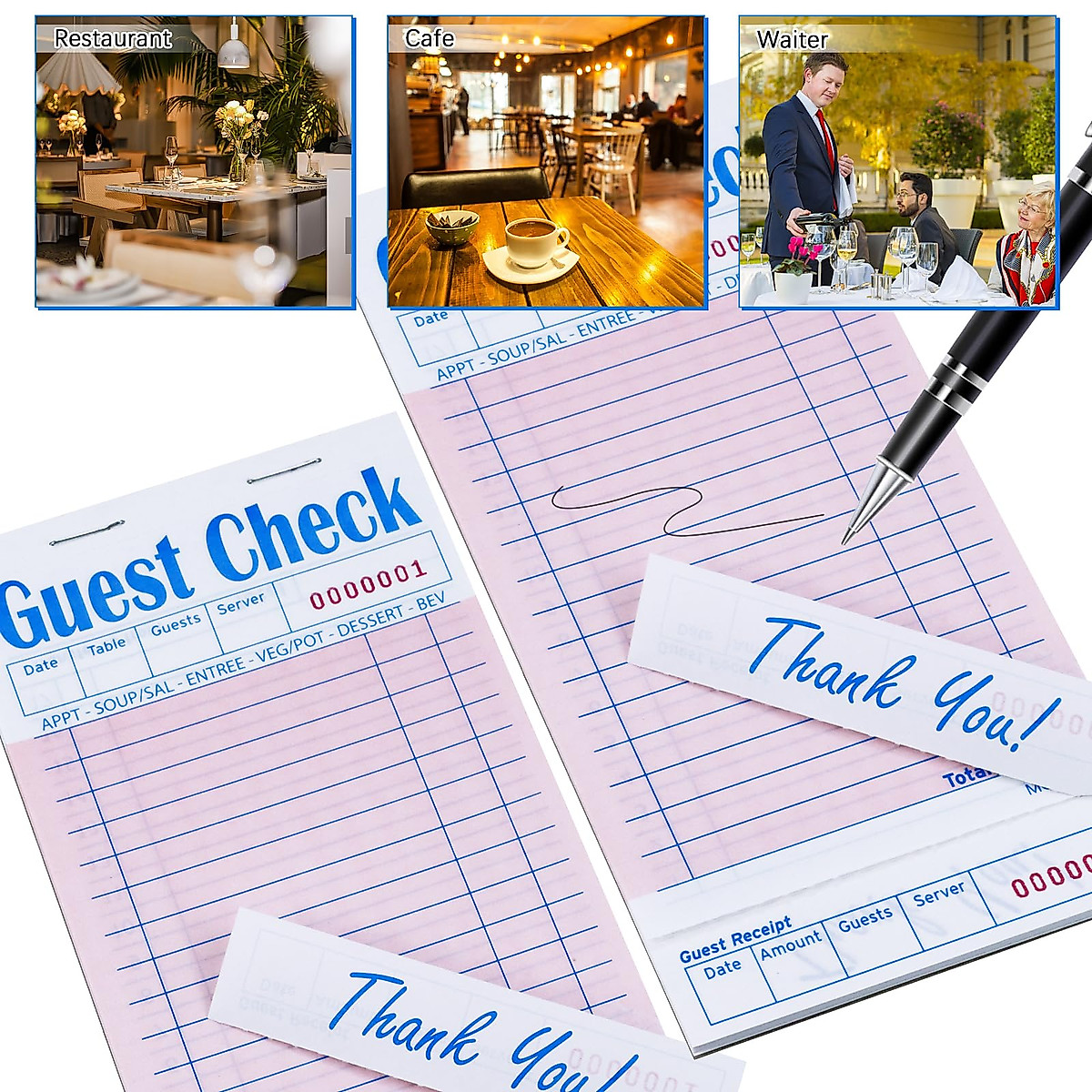 Rcybeo Guest Check Pads (20 Pack) Numbered Server Note Pads, Waitress Order Notepad, Food Receipt Book, 50 Checks Per Pad-Total 1000 Restaurant Checks, Waitress Accessories
