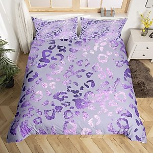 Purple Glitter Leopard Duvet Cover Queen Size,Cheetah Skin Comforter Cover with 2 Pillowcase for Teens,Kids Marble Abstract Art Bedding Set,Purple Leopard Breathable 3 Pieces Decorative Bed Cover