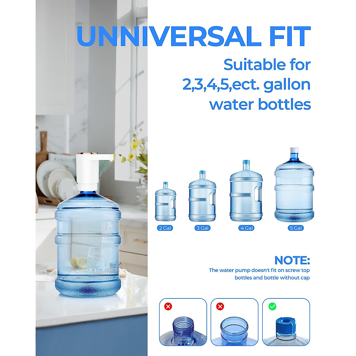 Water Bottle Pump, Portable Electric Water Dispenser Pump for 5 Gallon Bottles - USB Charging, Automatic Switch, Rechargeable Battery for Home Kitchen Room Camping