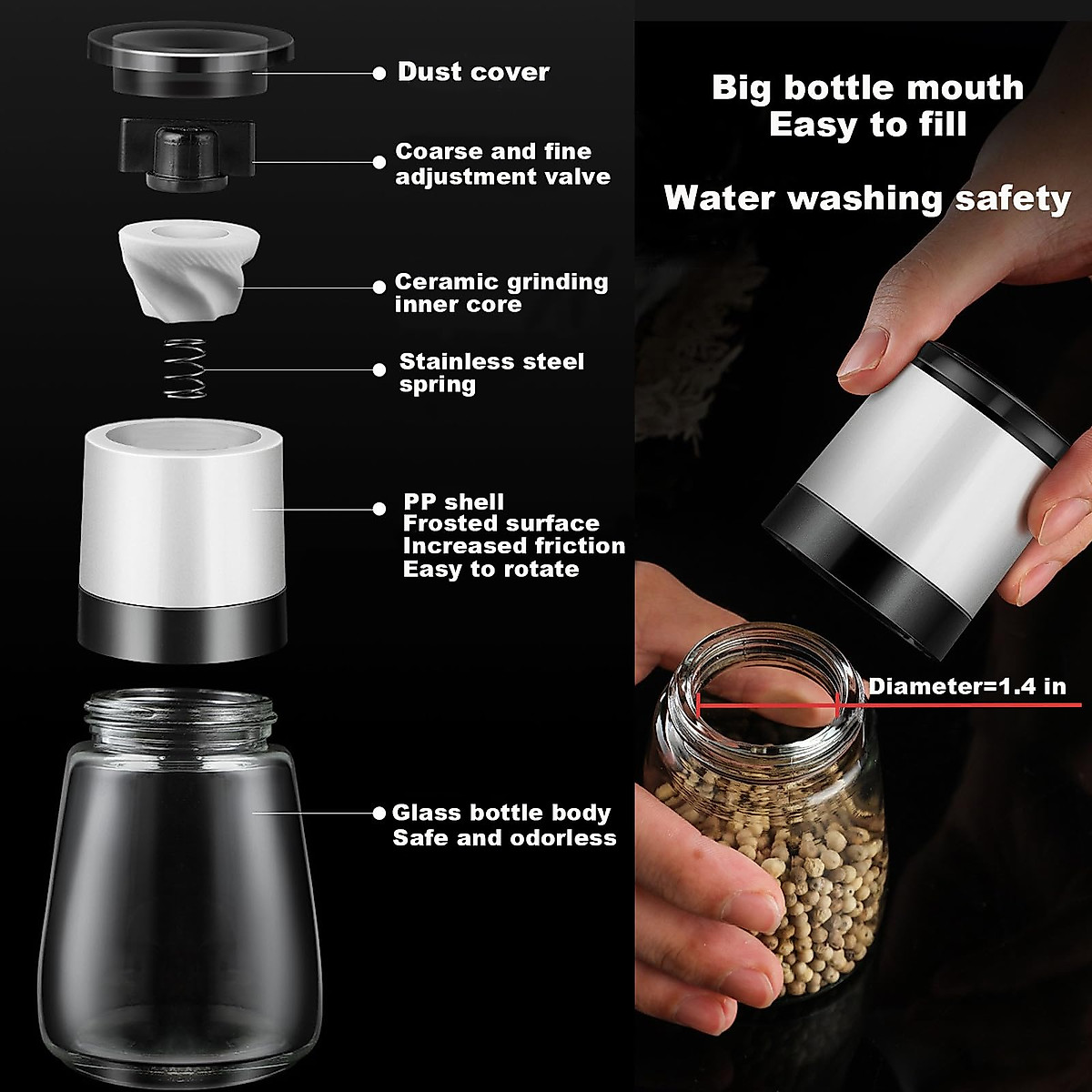 ANDONG Premium Salt & Pepper Grinder Set of 4, Refillable Pepper Mill & Salt Mill with Manual Adjustable Ceramic, Glass Shaker