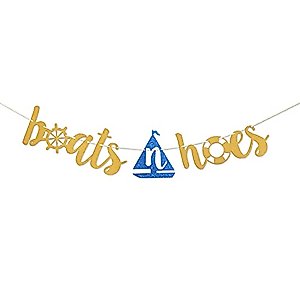Boats N Hoes Gold Glitter Banner for Funny Nautical Theme Birthday/Bachelorette Party Anchor Cruise Banner Decorations