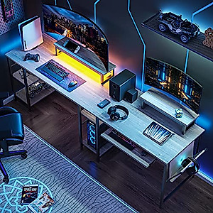 Bestier L Shaped Office Desk with Led Light 95.2 Inch Gaming Corner Desk or 2 Person Long Table with Shelves Monitor Stand and Keyboard Tray for Home Office, White Wash