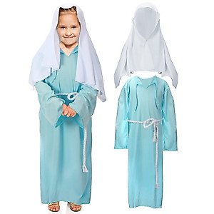 Hicarer Child Mary Costume Kids Biblical Costumes for Kids Girls Virgin Mary Costume with White Headpiece Belt Blue Robe Christian
