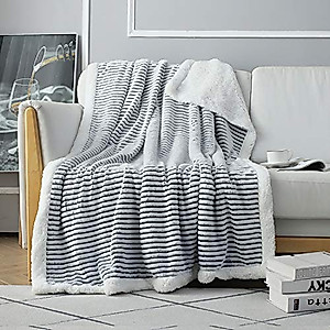 I' HERMU Sherpa Fleece Throw Blanket for Couch (Large 51‘’x 63‘’, Blue and White Strip) Soft Plush Blankets Fluffy Fuzzy Warm Cozy Throws for Sofa Bed