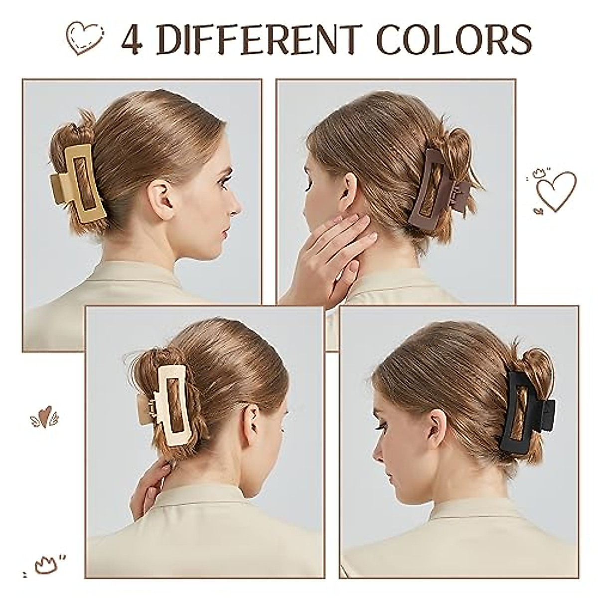 Hair Claw Clips for Women,Large Clips For Thick Thin Curly Hair,Nonslip Matte Square Strong Hold Jaw Clips (Neutral Colors 4.1Inch 8Pcs)