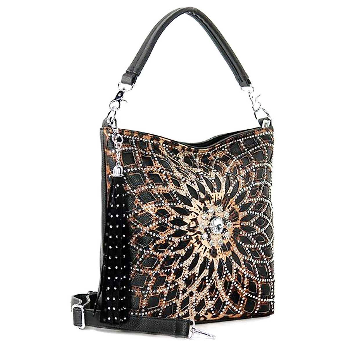 Zzfab Large Star Flower Rhinestone Hobo Bag with Shoulder Strap (Leopard)