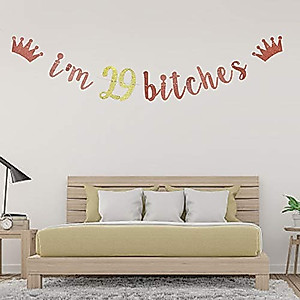I'm 29 Bitches Banner, 29th Birthday Party Decor, Funny Twenty-nine Years Old Birthday Banner, Women’s 29th Birthday Party Decorations (Rose Gold)