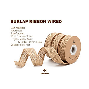 Vitalizart Burlap Ribbon Wired 1 Inch x 12 Yard Natural Burlap Fabric Jute Ribbon for Gift Wrapping Home Decor Wedding Decor Fall Decor Burlap Bows Flower Bouquet Christmas Tree