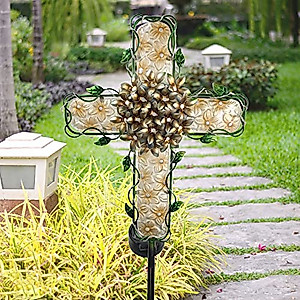 JOYBee 38Inch Cross Solar Garden Lights Outdoor Decorative-Solar Metal&Glass Cross Apricot Hydrangea Flower Stake Lights- Waterproof 20 Warm White LEDs for Remembrance Gifts & Sympathy Gifts.