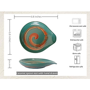 Homyne Ceramic Spoon Rest for Stove Top, Hand Painted Brown Swirl Spoon Rest for Kitchen Counter, Retro Cooking Spoon Holder for Kitchen Counter, Utensil Rest for Spatula Ladle or Tong (Grass Green)
