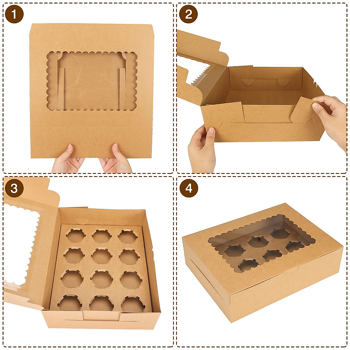 Moretoes 34 Sets Cupcake Boxes, Hold 12 Count Cupcake Containers, Brown Containers with Window and Inserts, 13 x 10 x 3.5 Inches Kraft Bakery Carrier Boxes for Birthday Holiday Party Bakery Supplies
