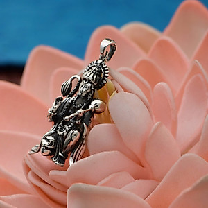 Lord Hanuman Sitting Idol Oxidized Finish Religious Pendant 925 Sterling Silver Jewelry